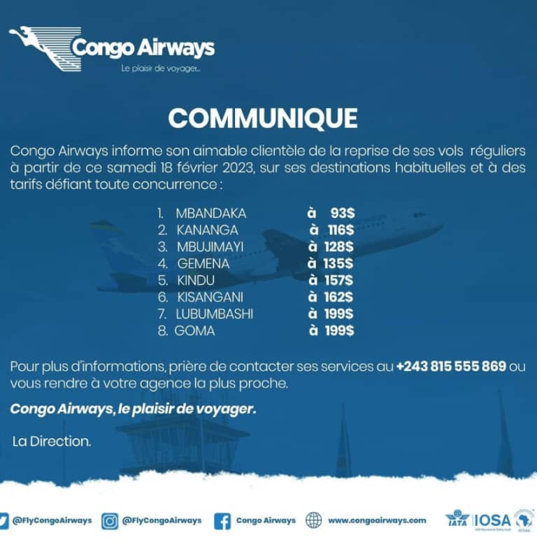 RDC : “Début ce samedi 18 février des vols réguliers de Congo Airways ...